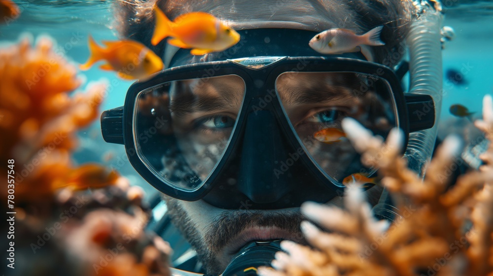 a man is immersed in the water and is diving, looking at coral reefs ...