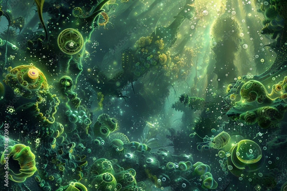 Microalgae with complex cell structures and organelles filled with ...