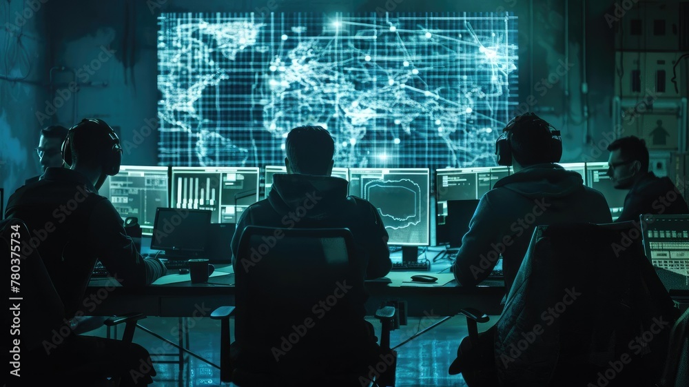 This dramatic image depicts a group of hackers gathered in a dark room ...