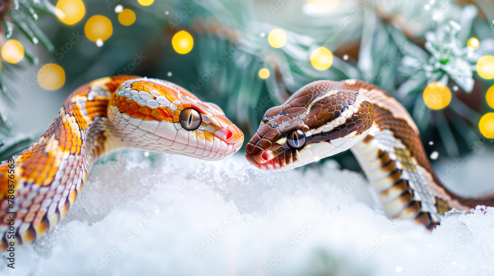 Two cute cartoon snakes with expressive eyes on snow, Christmas tree ...