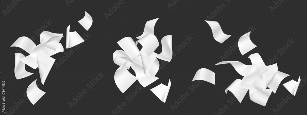 3d realistic white paper document sheet fly on wind. Office letter page ...