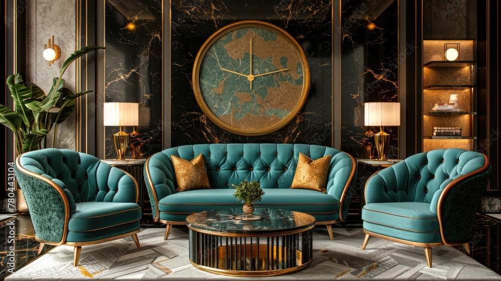 An opulent lounge setting with plush teal seating, golden decorative ...