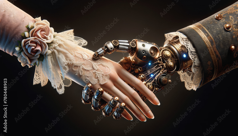 AI generated illustration of human hand in lacy glove with rose corsage ...