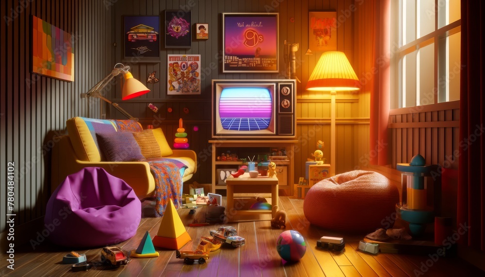 A cozy 90s living room filled with colorful, geometric design furniture ...