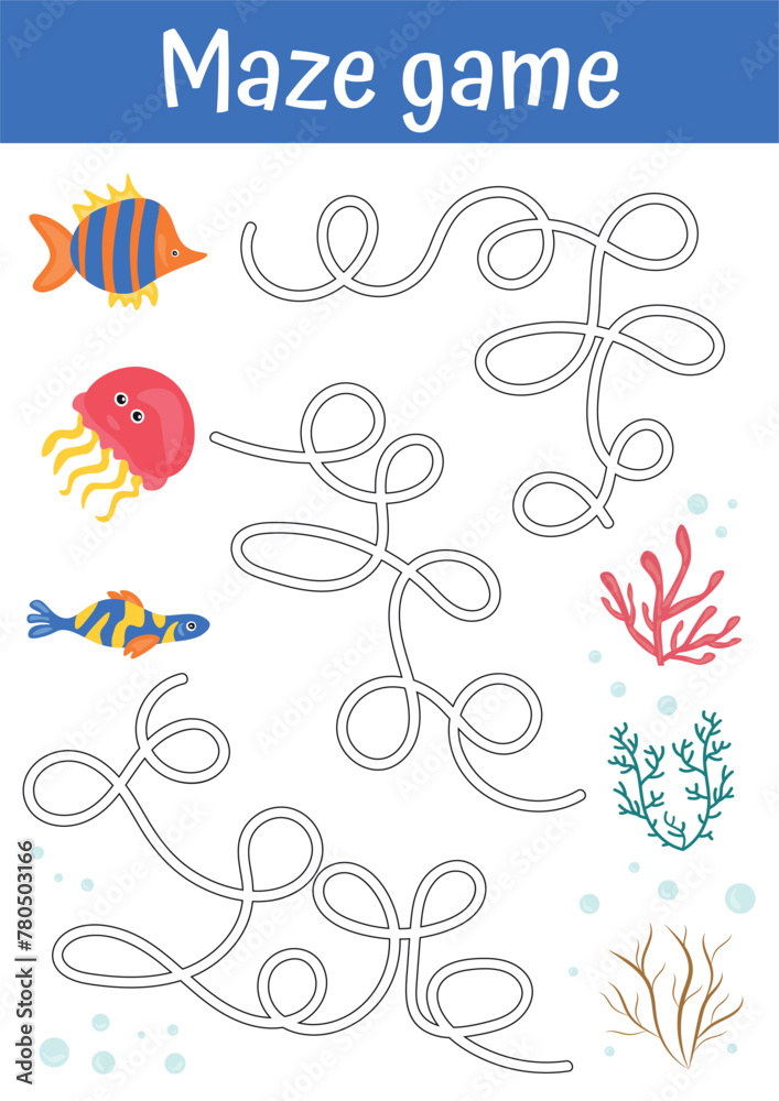 Maze game for kids. Tracing lines for children with with tropical fish ...