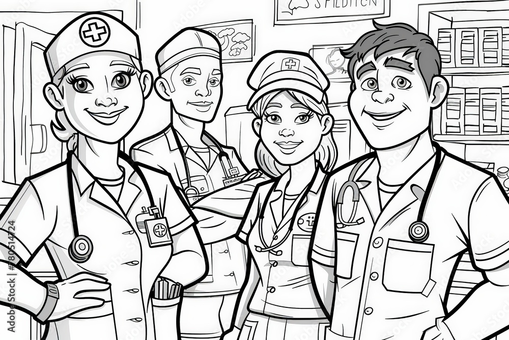 Coloring page A group of cheerful medical professionals stand together ...