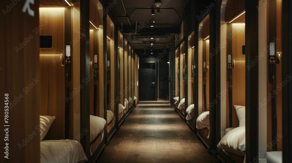 Modern Capsule Hotel Interior. The inside view of a modern capsule ...