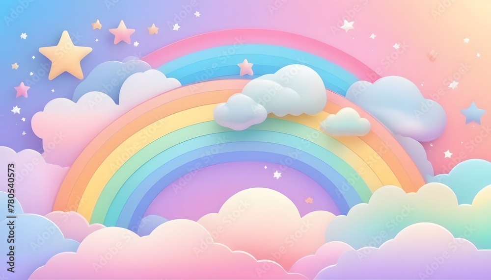 Holographic fantasy rainbow background with clouds and stars. Pastel ...