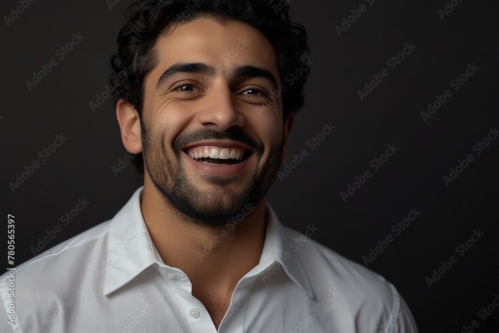 young middle eastern middle aged man on plain bright black background ...
