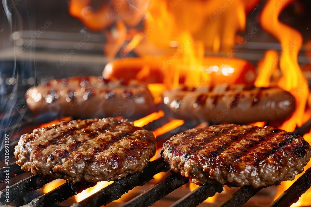 Hamburgers and Hot Dogs Sizzling on the Grill with Flames - Delicious ...