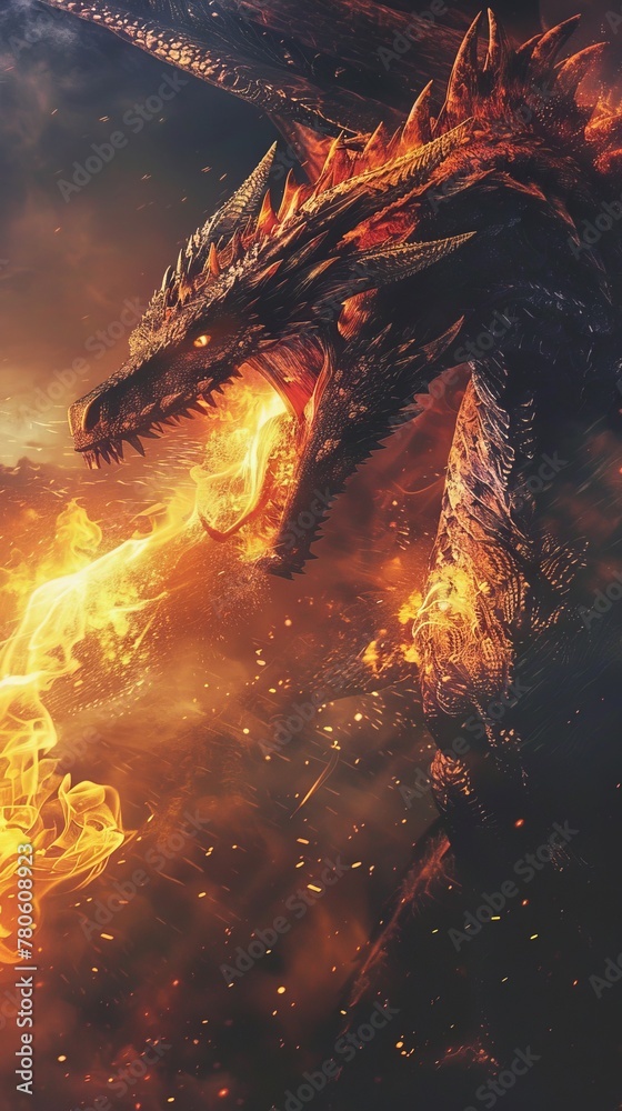 The dragon, a mythical creature of power, breathes out a plume of flame ...
