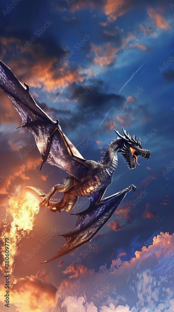 In the heart of the mythical realm, a dragon takes flight, its scaled ...