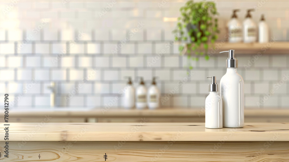 wooden counter with shampoo bottle mock up with white tiles blur ...