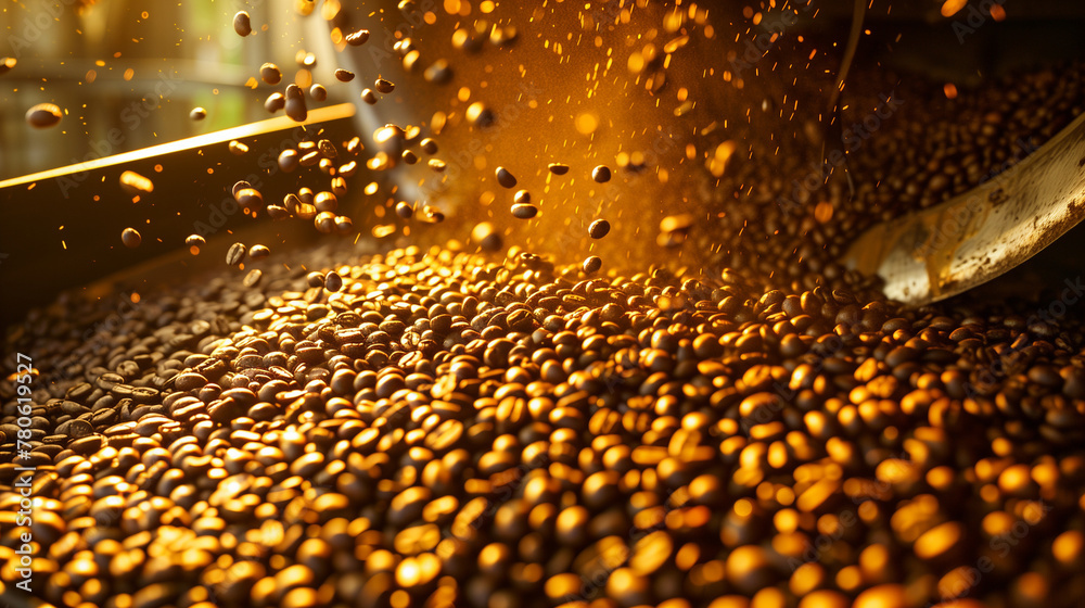 Roasting coffee beans at a coffee roastery, capturing the ...