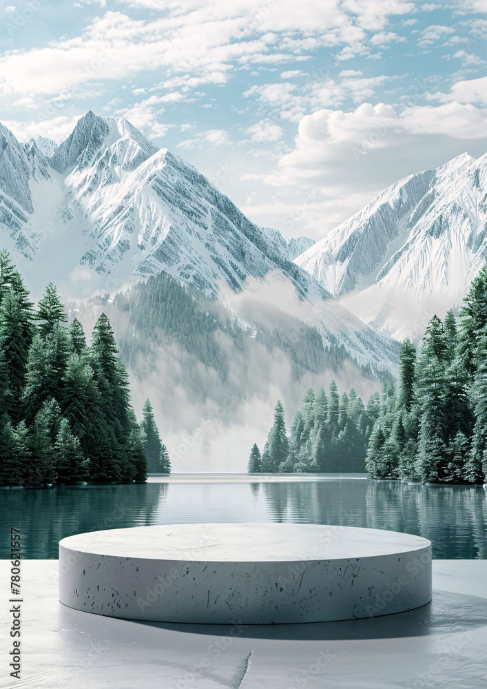 vertical product podium display presentation with lake and snow ...