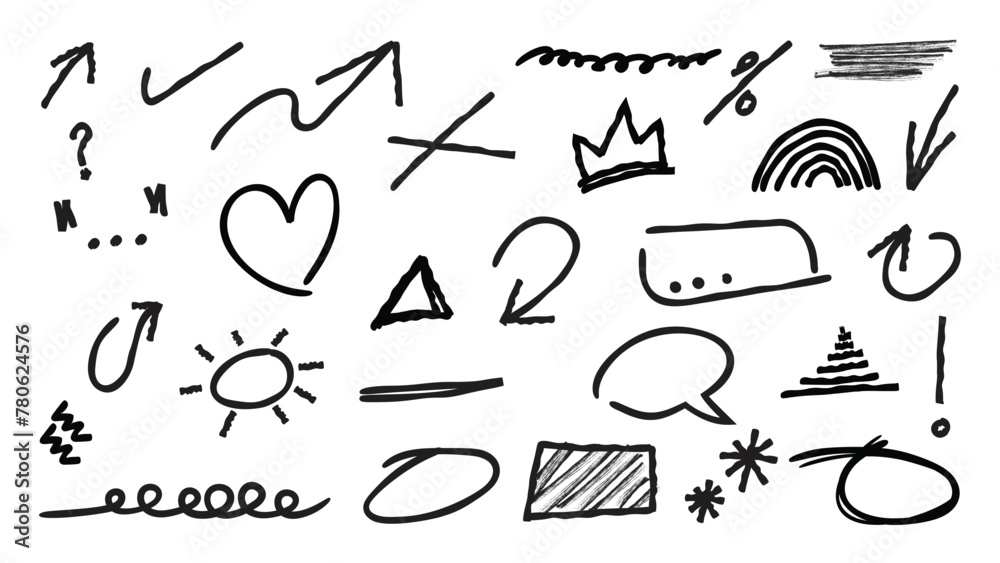 Set of cute pen line doodle element vector. Hand drawn doodle style ...