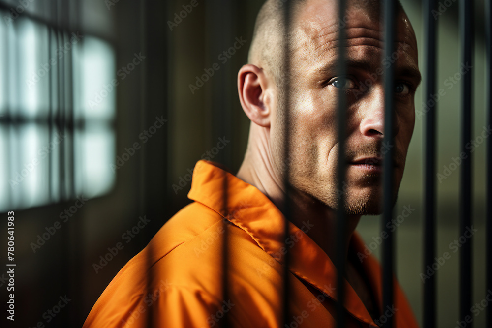 Criminals jailed in prison in orange uniform behind metal bars ...