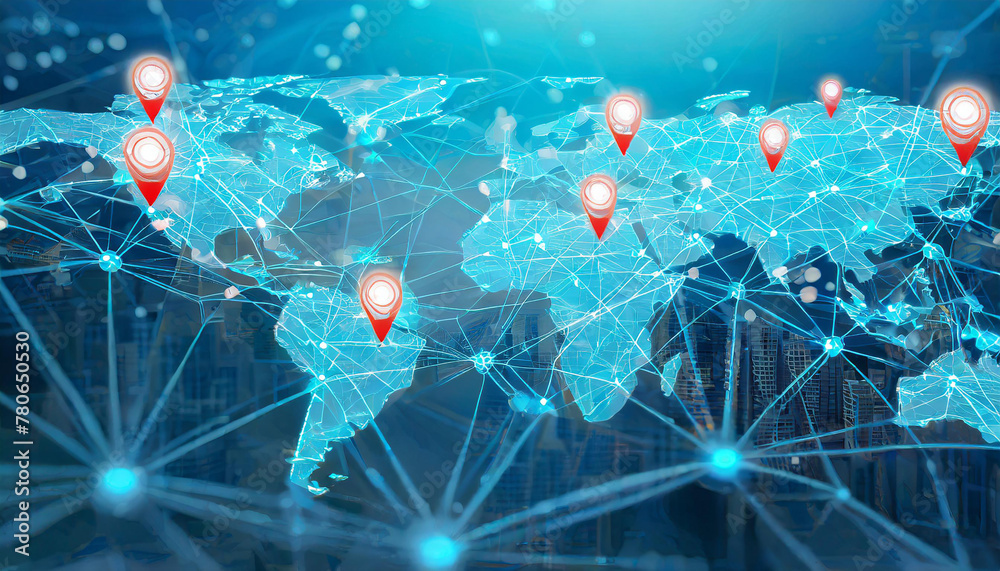 digital map featuring interconnected location pins, symbolizing global network connectivity and ...
