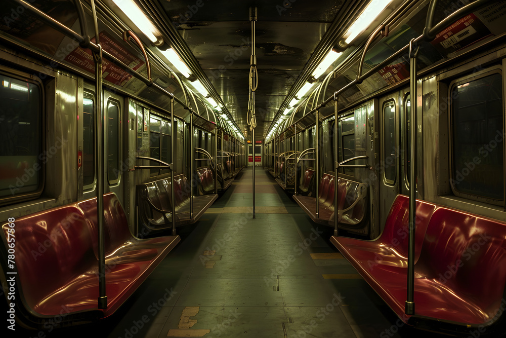 Empty subway car interior with red seats and metallic poles ...