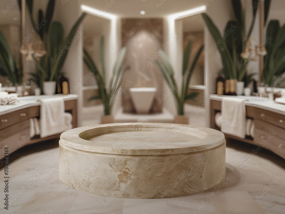 Round travertine podium display for cosmetics and Spa products ...