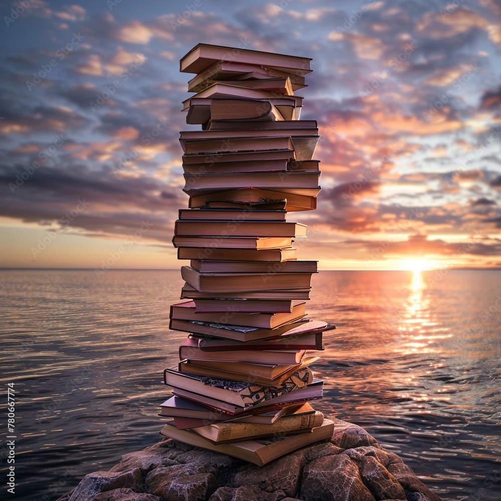 Educational growth, stack of books, sunrise backdrop, knowledge ...