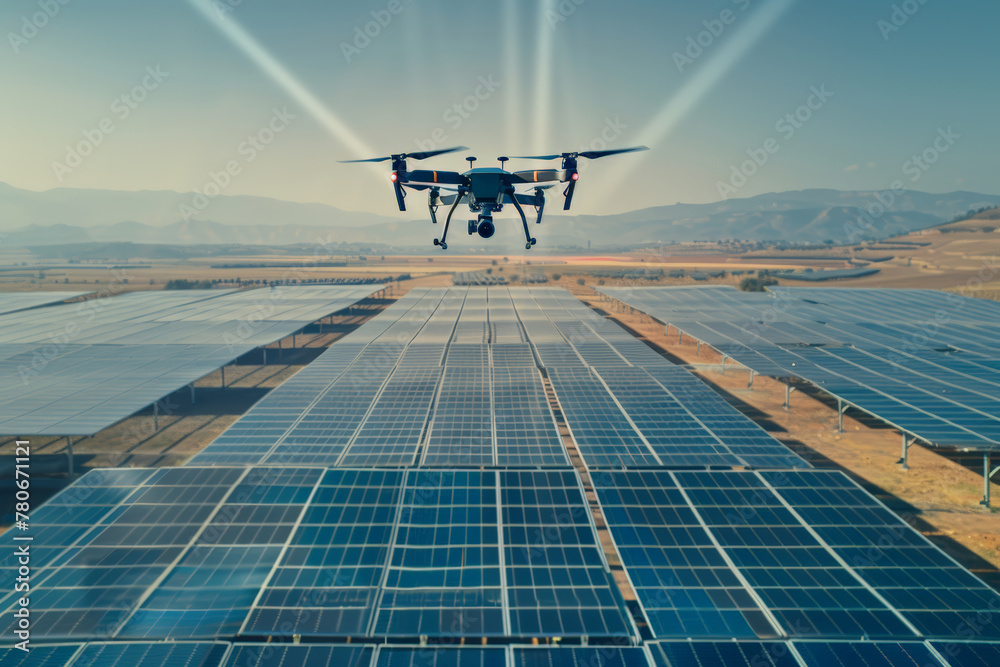 Advanced AI drones inspecting solar panels, High-tech drone with blue ...
