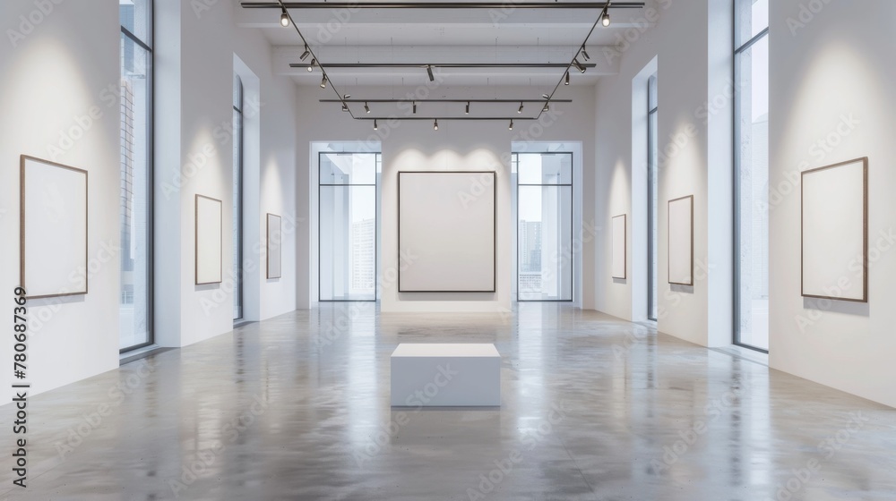 A contemporary art gallery with white walls and track lighting ...
