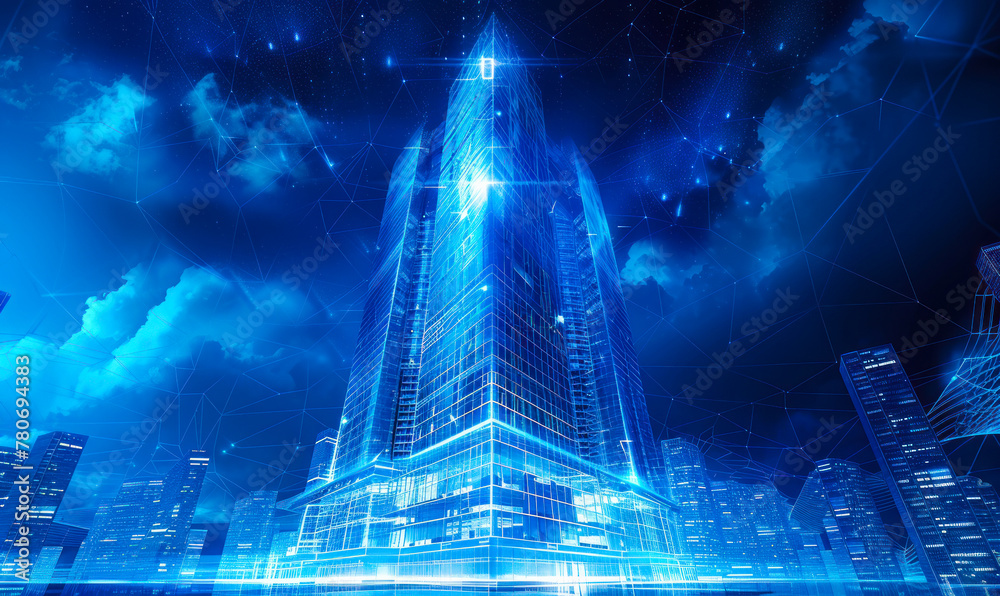 Futuristic high rise office building blueprints, 3D wireframe ...