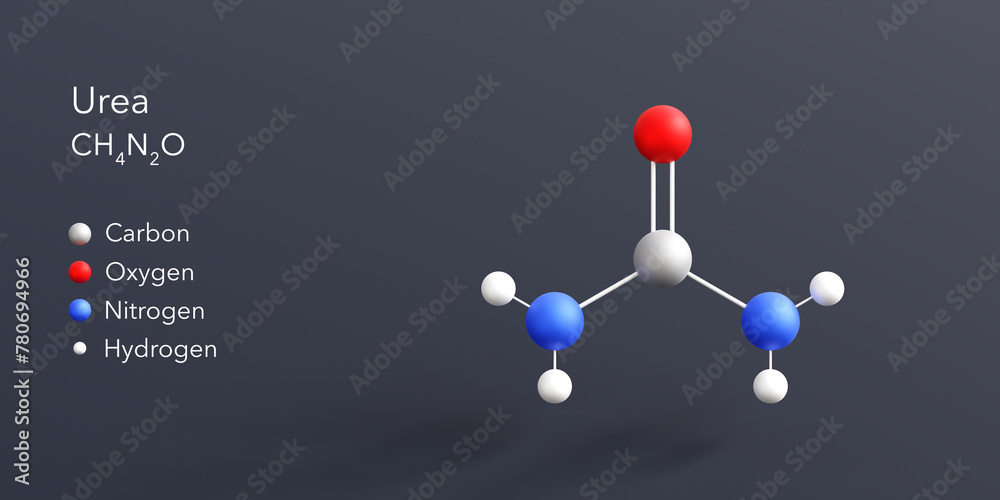 urea molecule 3d rendering, flat molecular structure with chemical ...