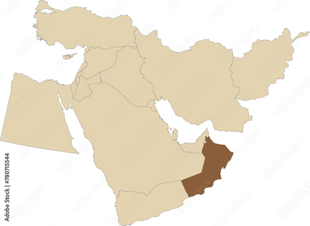 Dark brown detailed blank political map of OMAN with black borders on ...