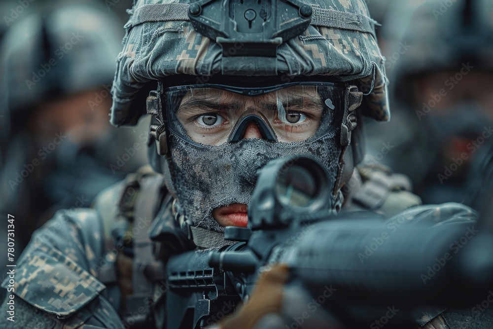 Elite soldier in camouflage holding a rifle, focused and prepared for duty in hostile ...