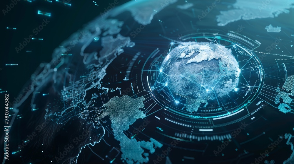 Antarctica central in a global data exchange concept, world map pulsing ...