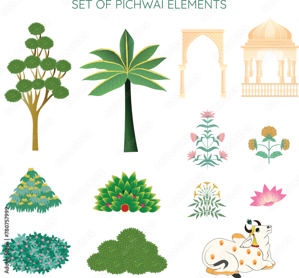 pichwai elements illustrations set of indian pichwai elements mughal ...