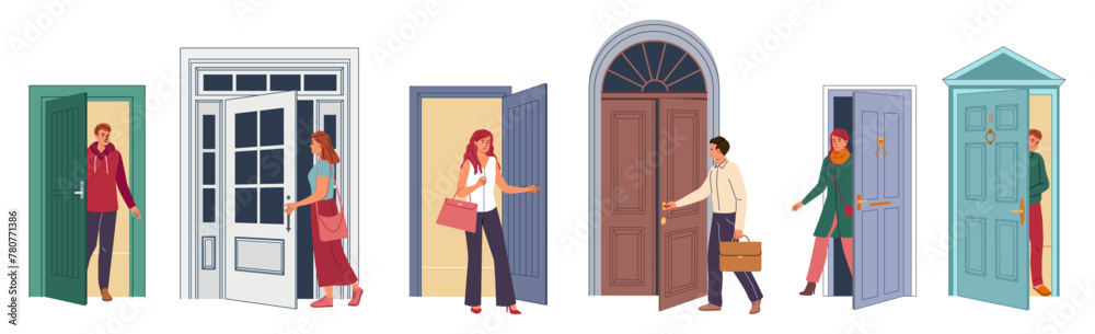 Open doors. Man leaving home, house room and woman person or office ...