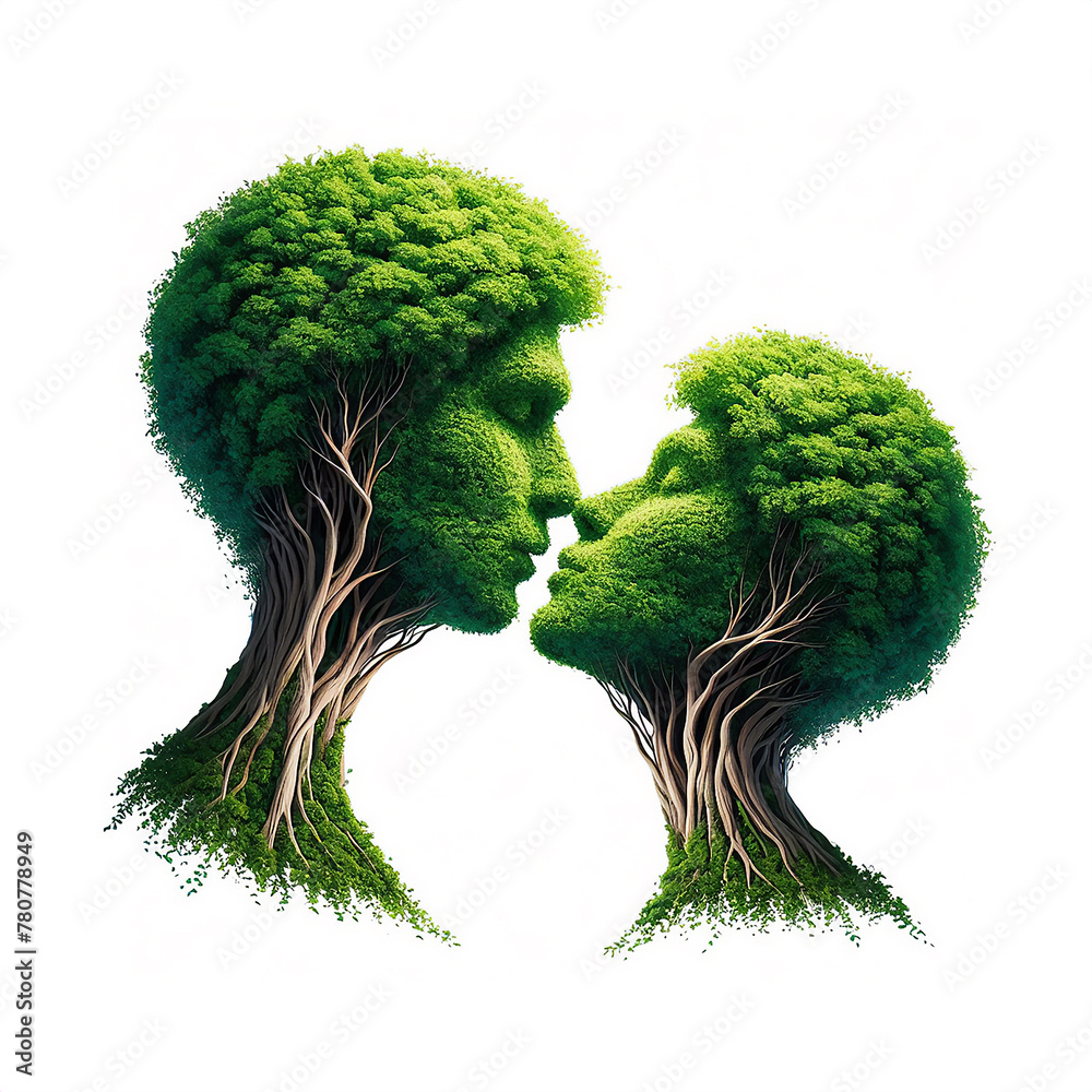 Two trees shaped as a human head attracted together as a devoted loving ...