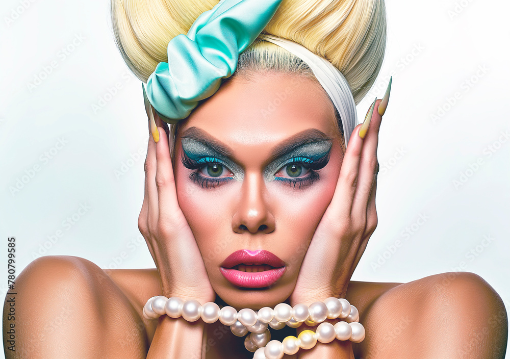 fierce and sultry drag queen with heavy blue eyeshadow makeup and black ...