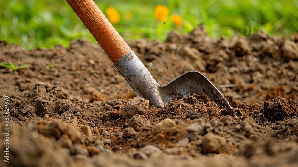Garden shovel shown in the ground for soil preparation. Illustrating ...