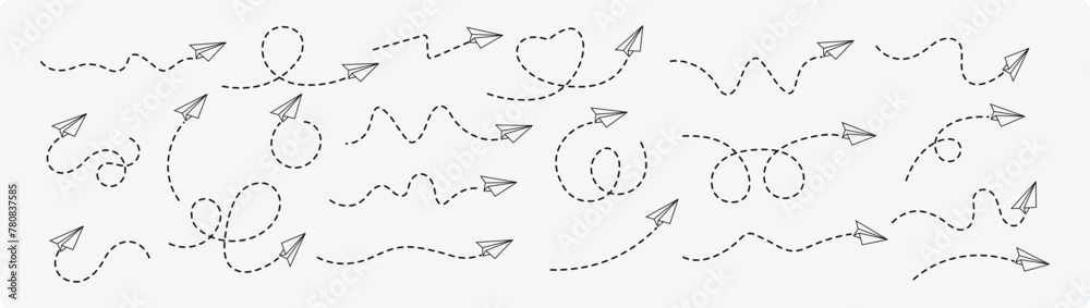paper plane with dotted line trail trace icon, Vector paper airplane ...