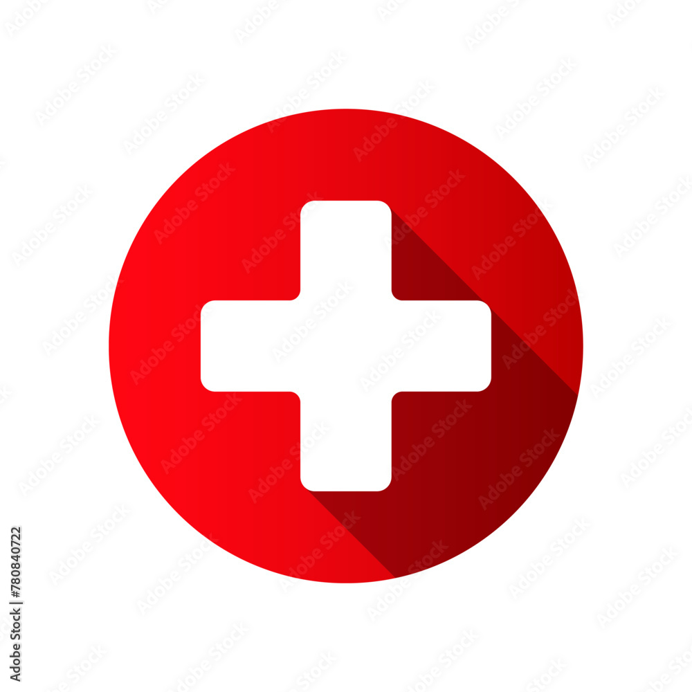 Pharmacy icon flat style. Medical sign in red circle with shadow ...