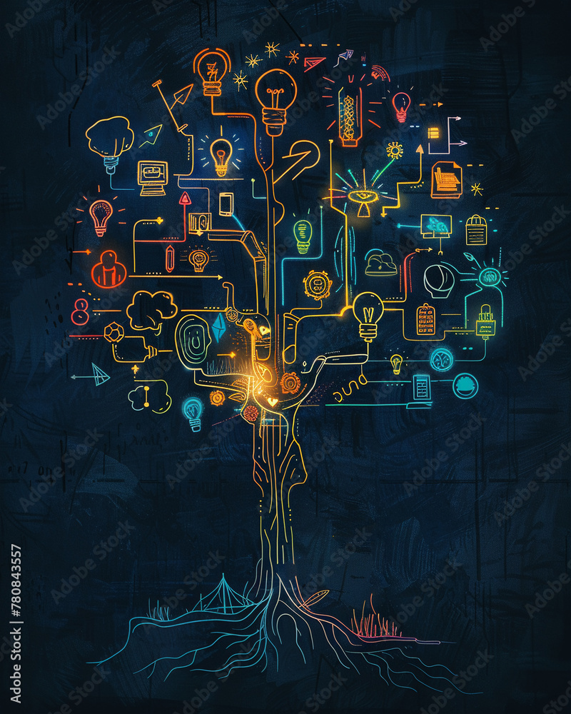 Mind map glowing on a dark canvas, branching into icons of innovation ...