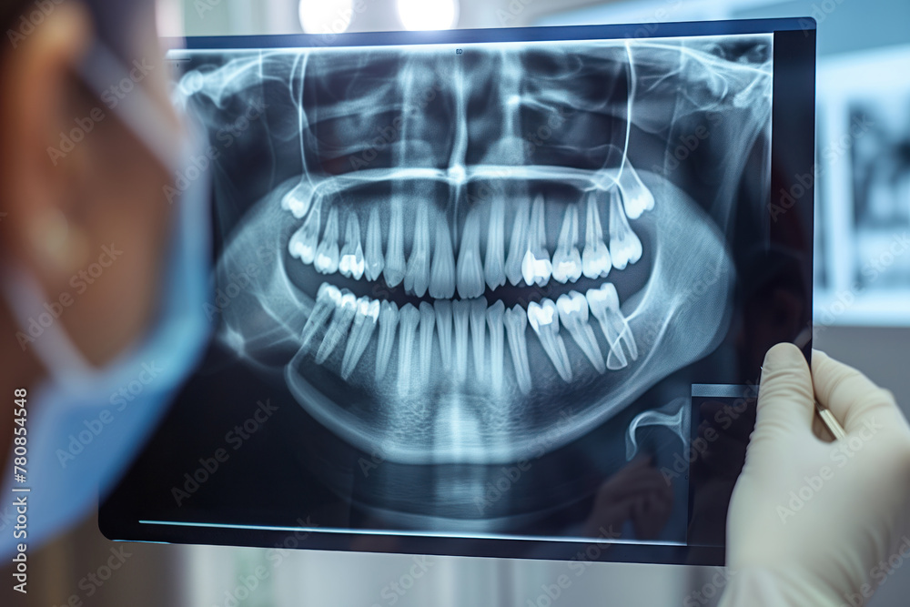 Dr. orthodontist examines x-rays of tooth patient jaw AI Generative ...