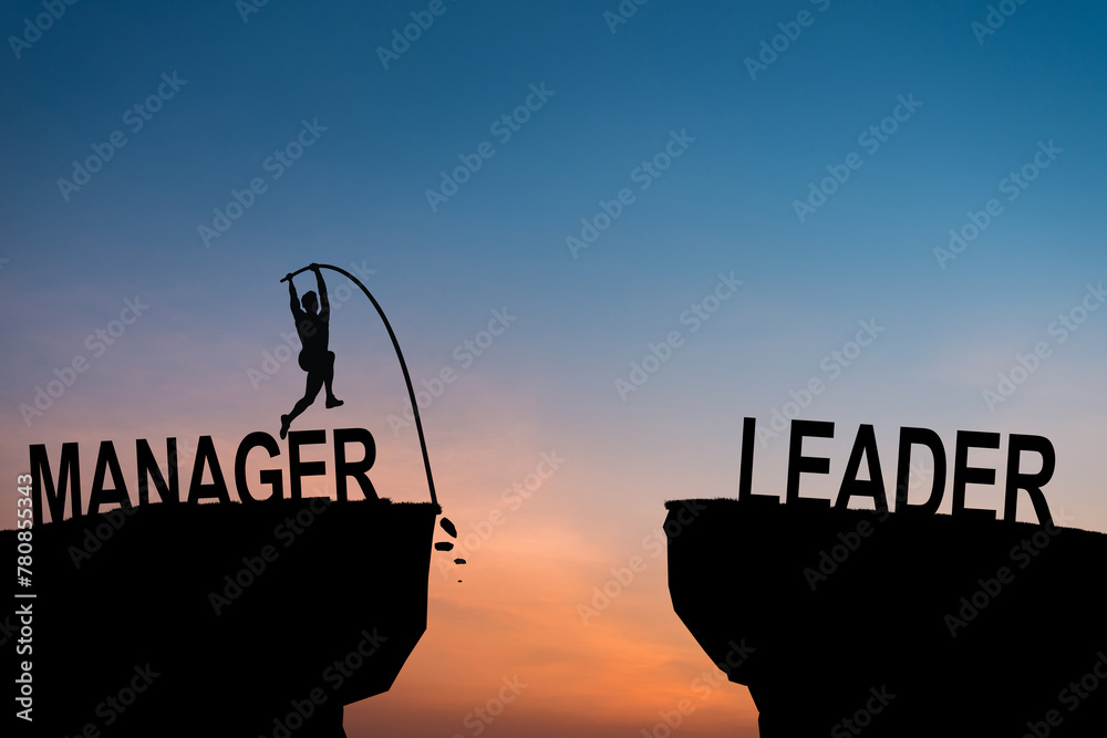 Silhouette Man jumping from Manager cliff to leader cliff on cloud and ...