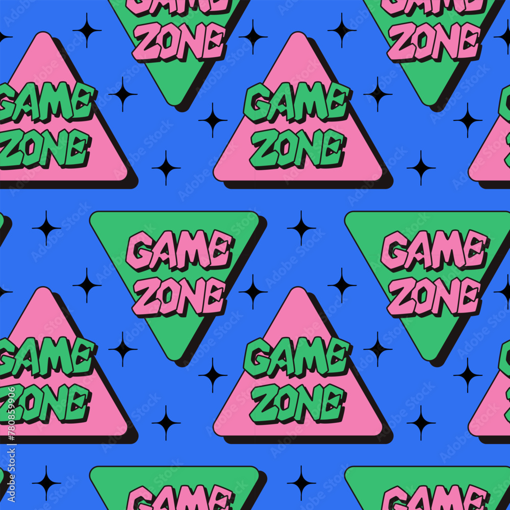Vintage 90s style pattern with lettering stickers. Text Game zone in ...