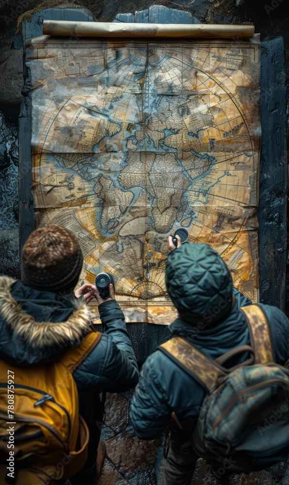 A group of adventurers, one pointing a finger at a map on a table ...