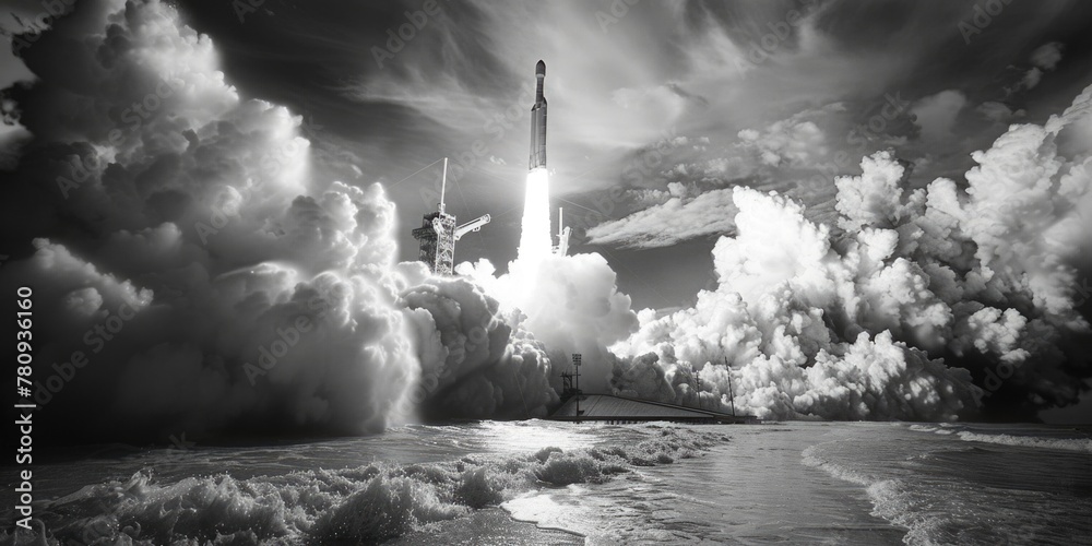 A black and white photo of a rocket taking off. Suitable for science ...