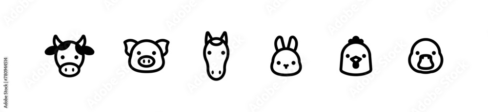 Farm animal icon set. Cow, pig, chicken, duck, horse, rabbit head icons ...