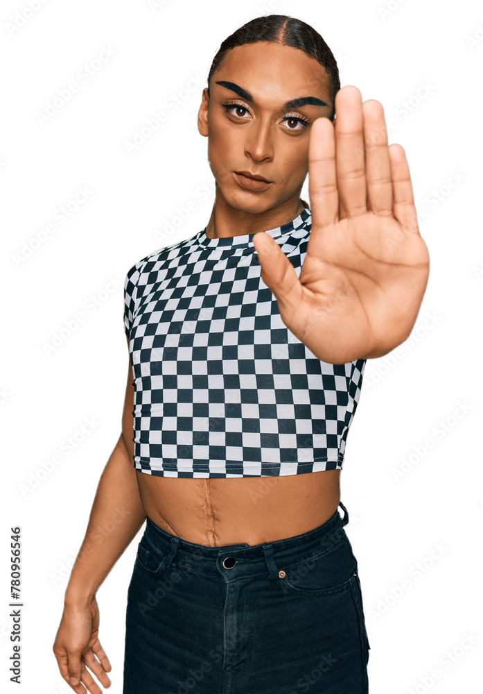 Hispanic transgender man wearing make up and long hair wearing modern ...