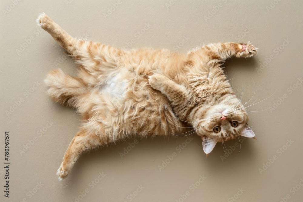 Top view of a funny orange tabby cat lying on its back with a curious ...