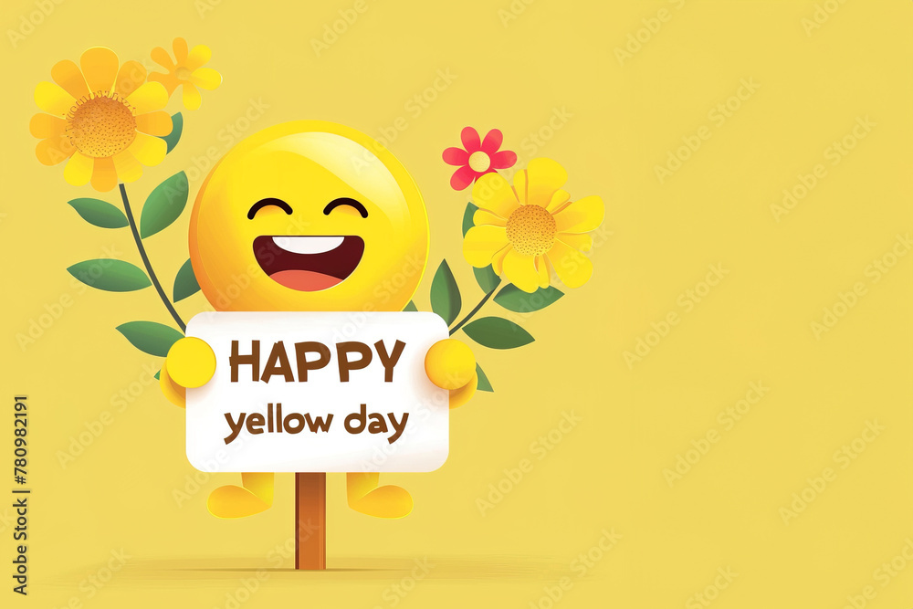 Happy face emoji holding poster for Yellow day over yellow background ...