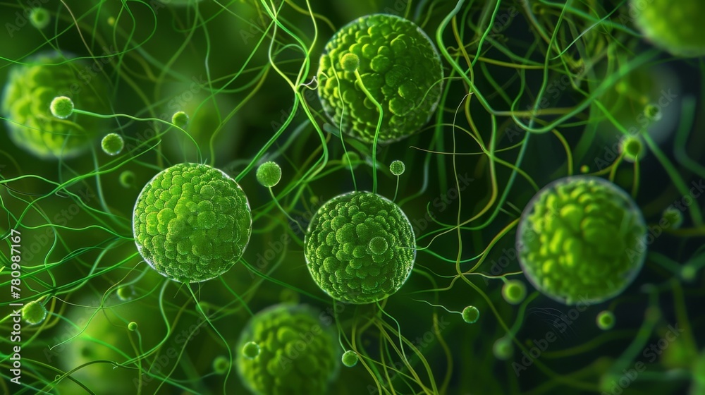 An image of a of cyanobacteria cells each one resembling miniature ...